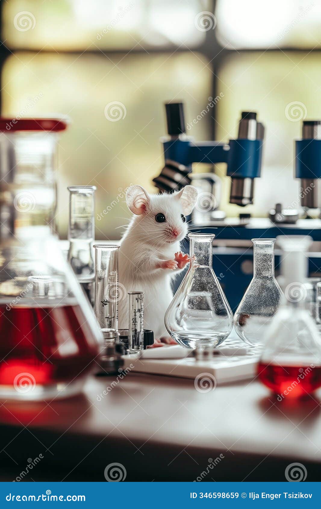 Curious White Mouse in Laboratory Setting with Glassware and ...