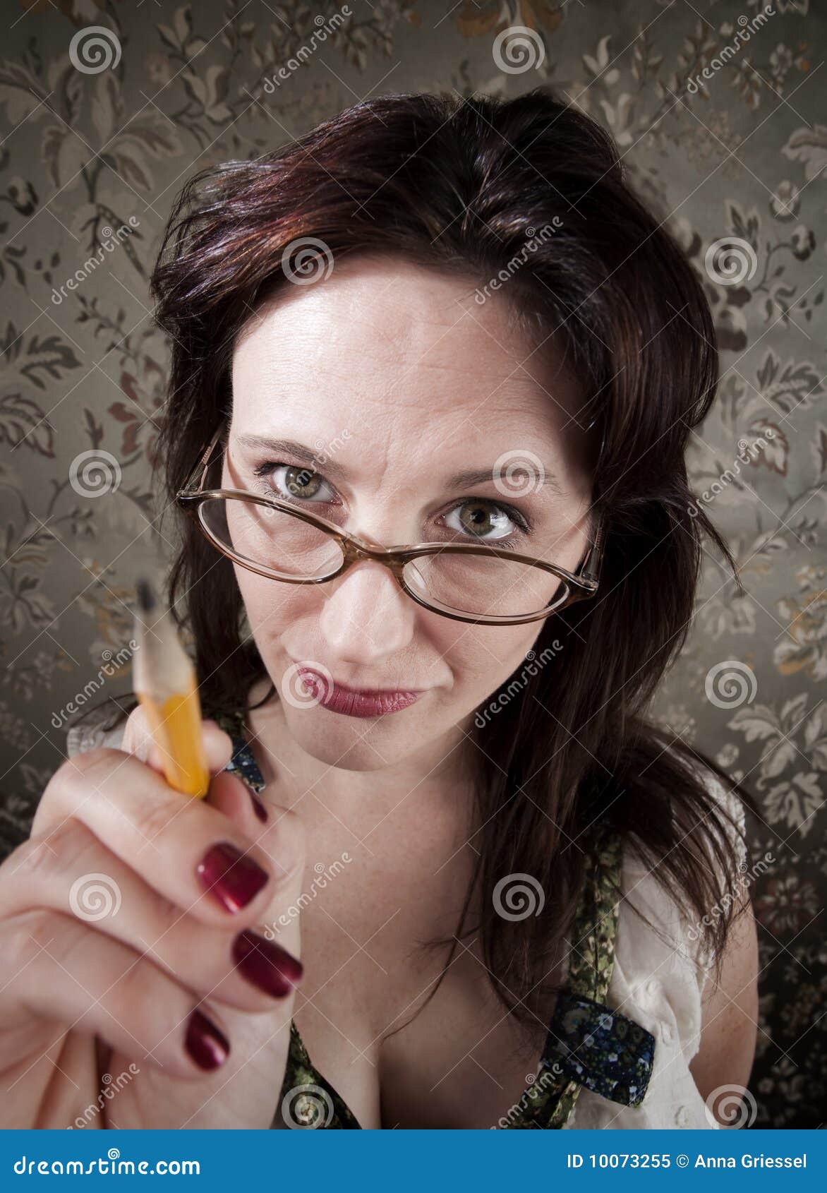 Curious Woman Pointing with Pencil Stock Image - Image of humor, female ...