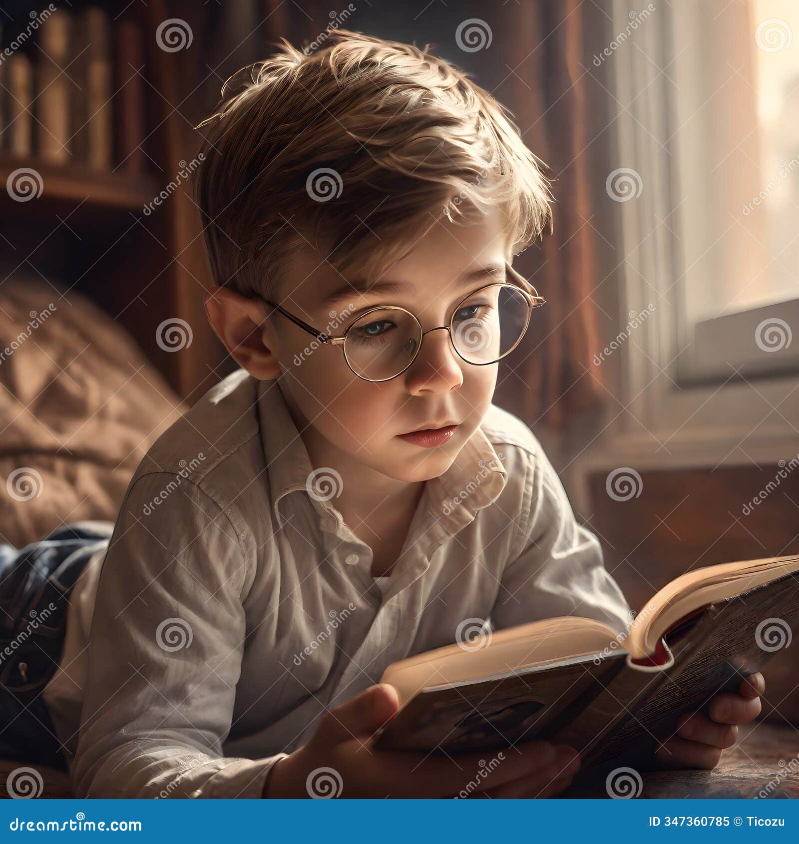 Curious Young Boy Wearing Glasses Reading a Book in Library Stock ...