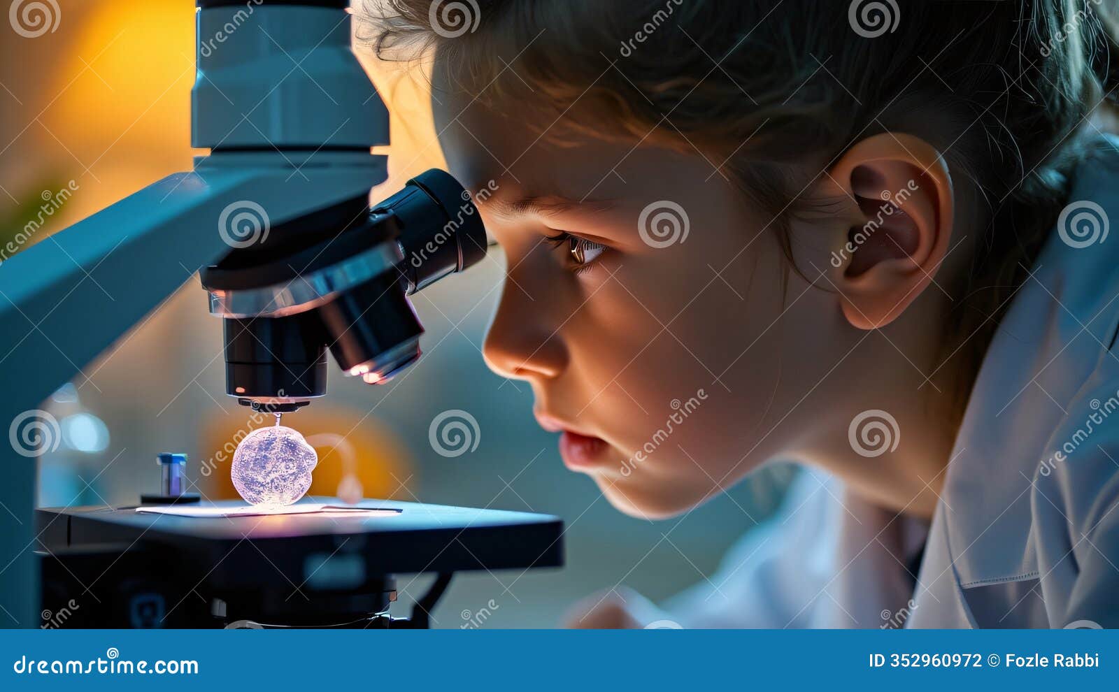 Curious Young Scientist Girl Using Microscope, Good Resolution Stock ...