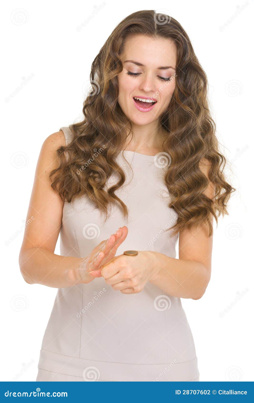 Curious Young Woman Checking Coin Tossing Result Stock Photo - Image of ...