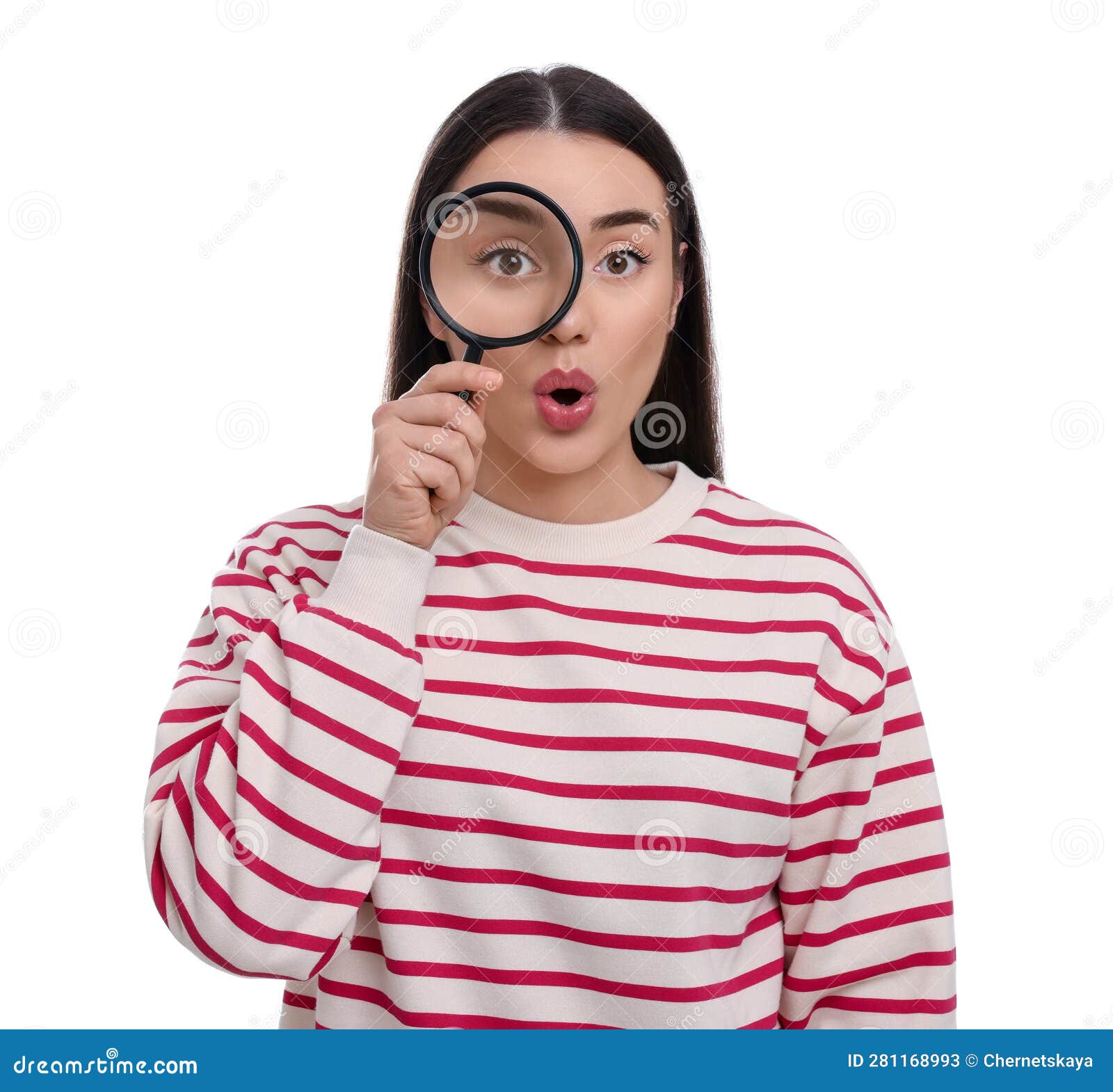 Curious Young Woman Looking through Magnifier Glass on White Background ...