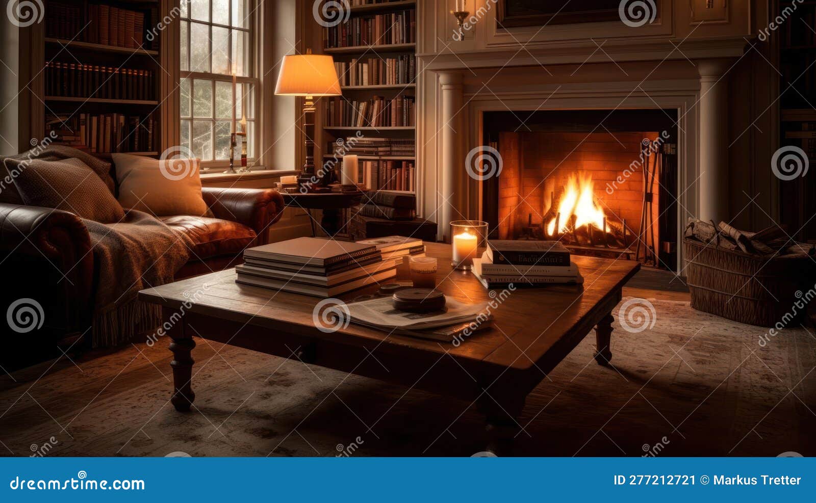A Cozy Living Room with a Fire Burning in the Fireplace and a Pile of ...