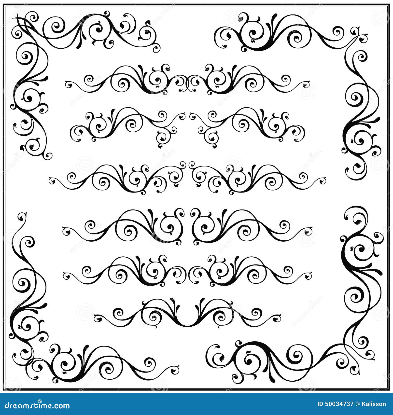 Curled Calligraphic Design Frame Corner Elements. Vector Set Isolated ...