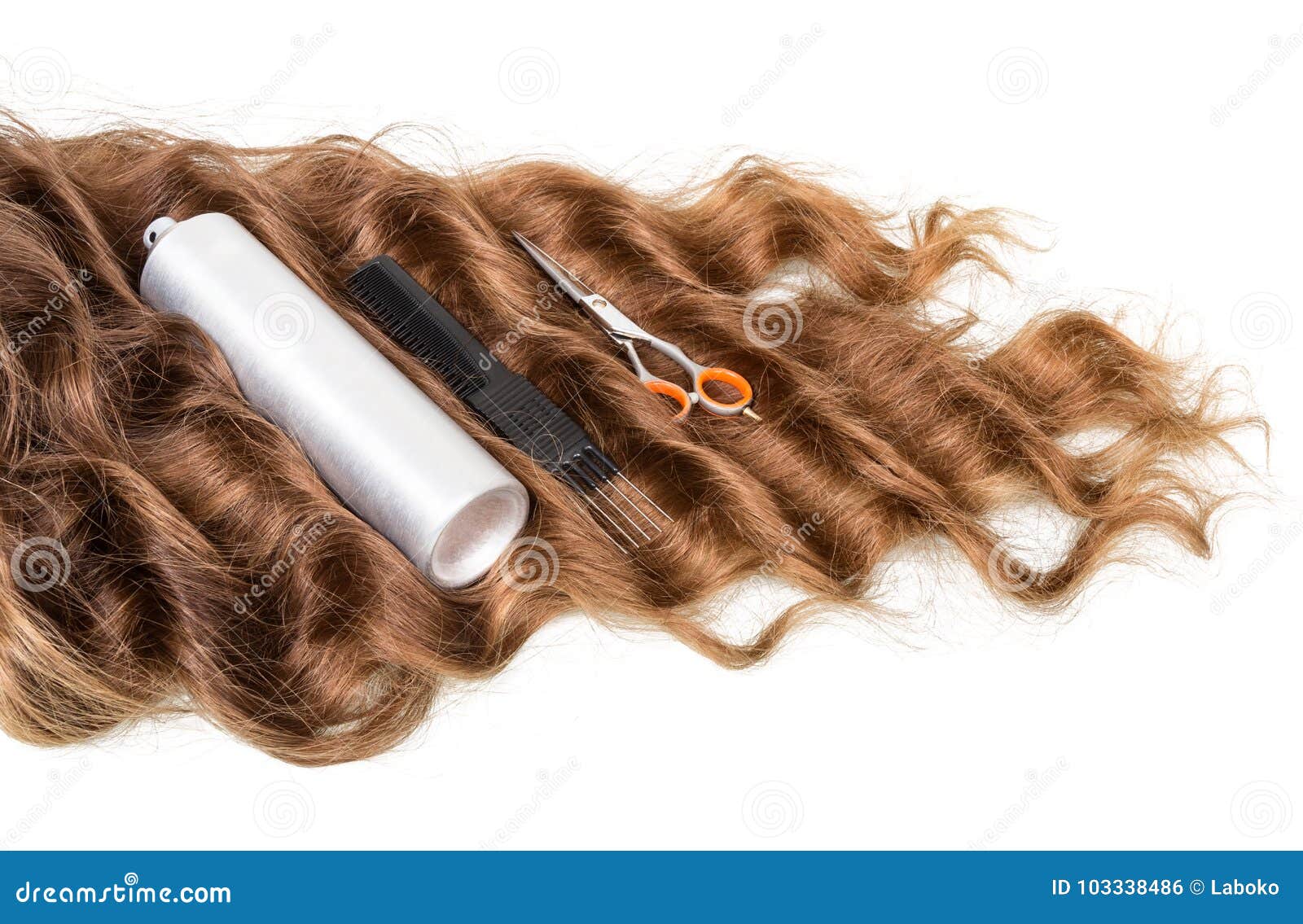 Curled Hair Strand, Tool Set and Spray on White Stock Photo - Image of ...