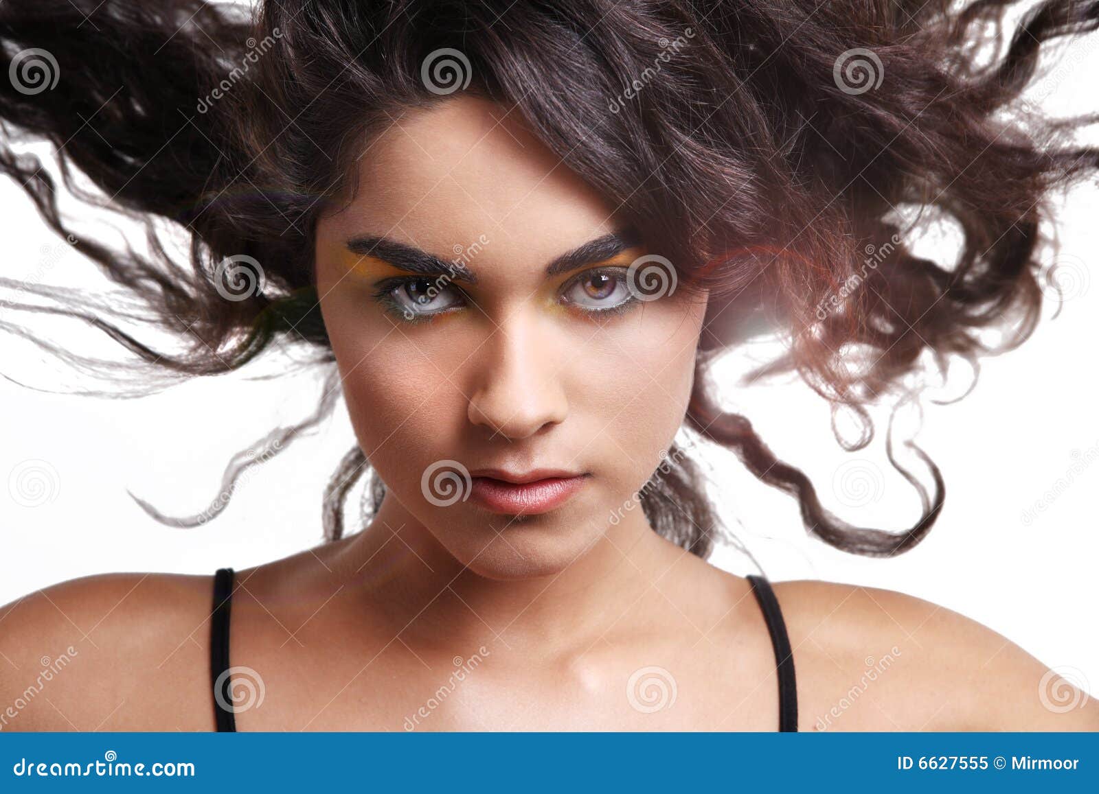 Curly black hair on wind. stock image. Image of hair, model - 6627555