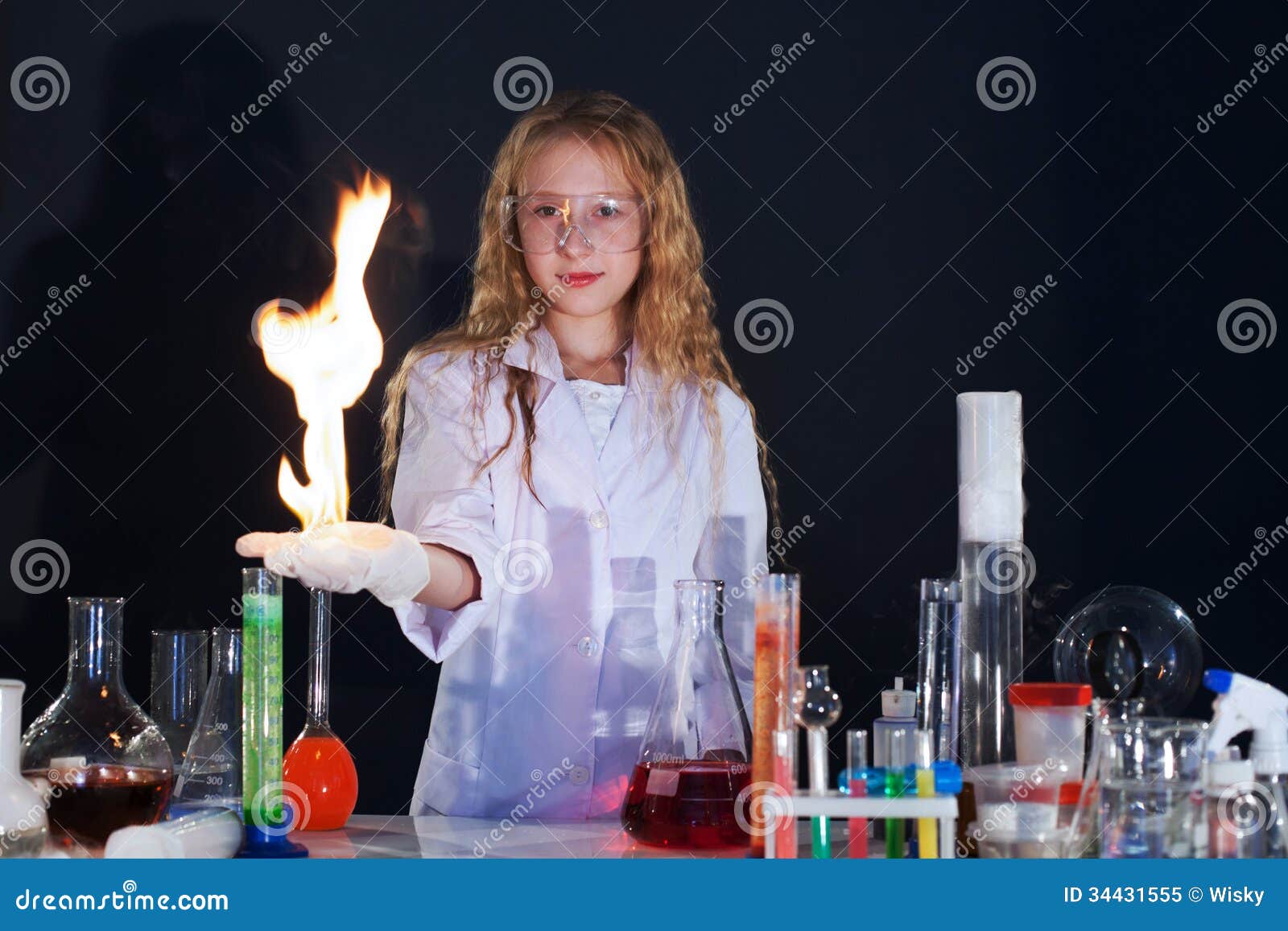 Curly Girl Shows Science Experiment in Studio Stock Image - Image of ...