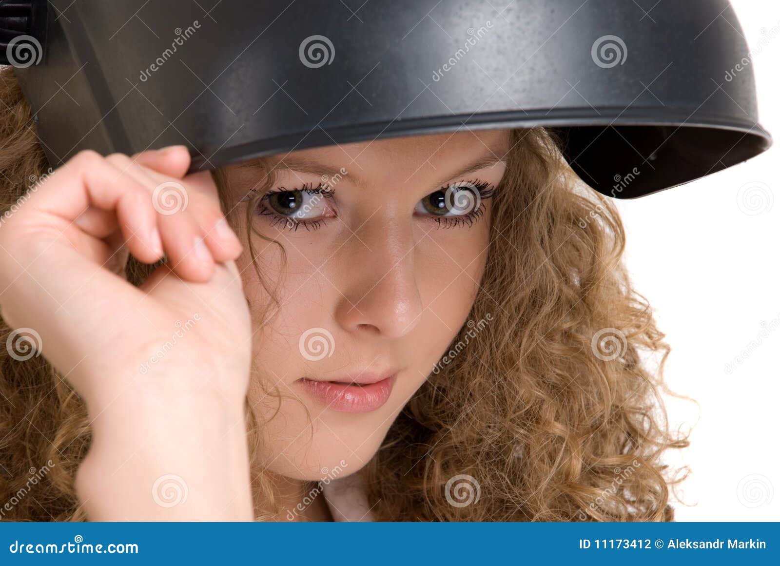 Curly girl in welder mask stock photo. Image of welder - 11173412