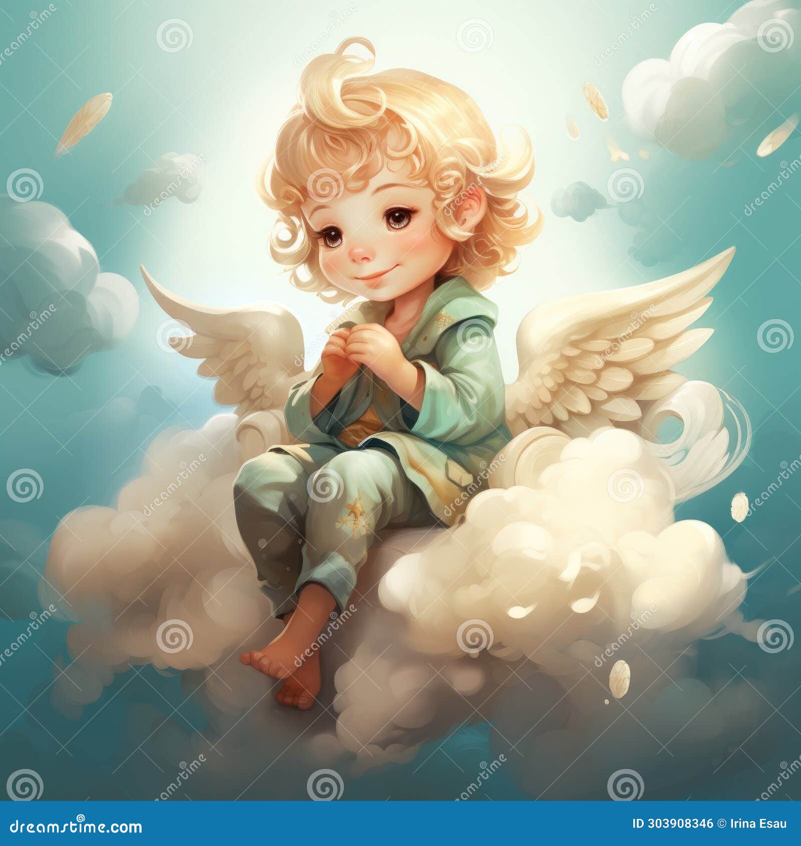 Curly-haired Angel Sitting on Cloud Stock Illustration - Illustration ...