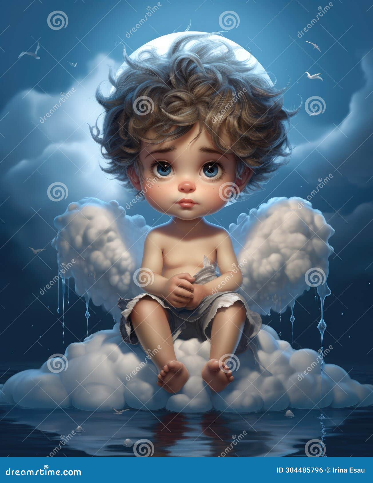 Curly-haired Angel Sitting on Cloud Stock Illustration - Illustration ...