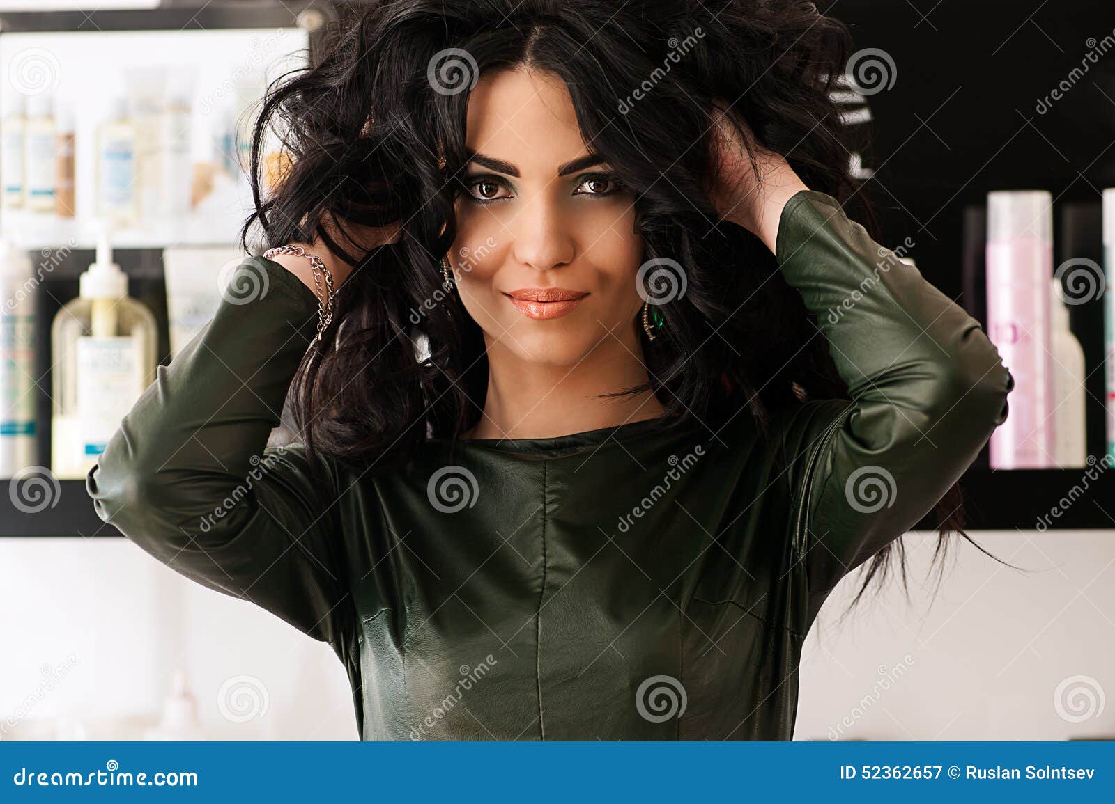 Curly Haired Woman Touching Hairs Hands Stock Image - Image of face ...