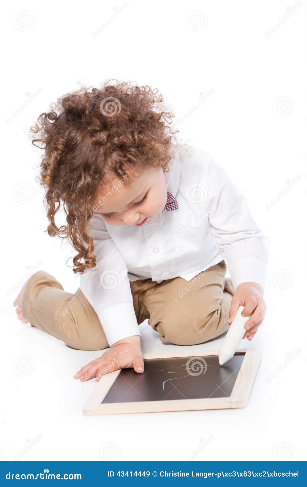 Curly Kid Practice Writing on Black Board Stock Image - Image of ...