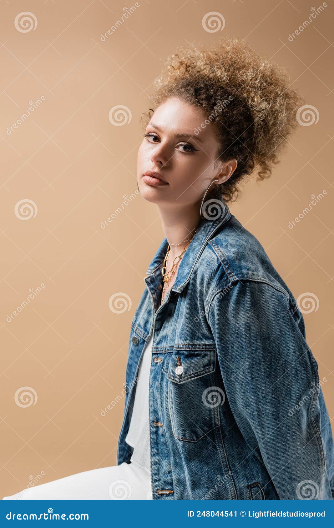 Curly Model in Denim Jacket Looking Stock Image - Image of jeans, denim ...