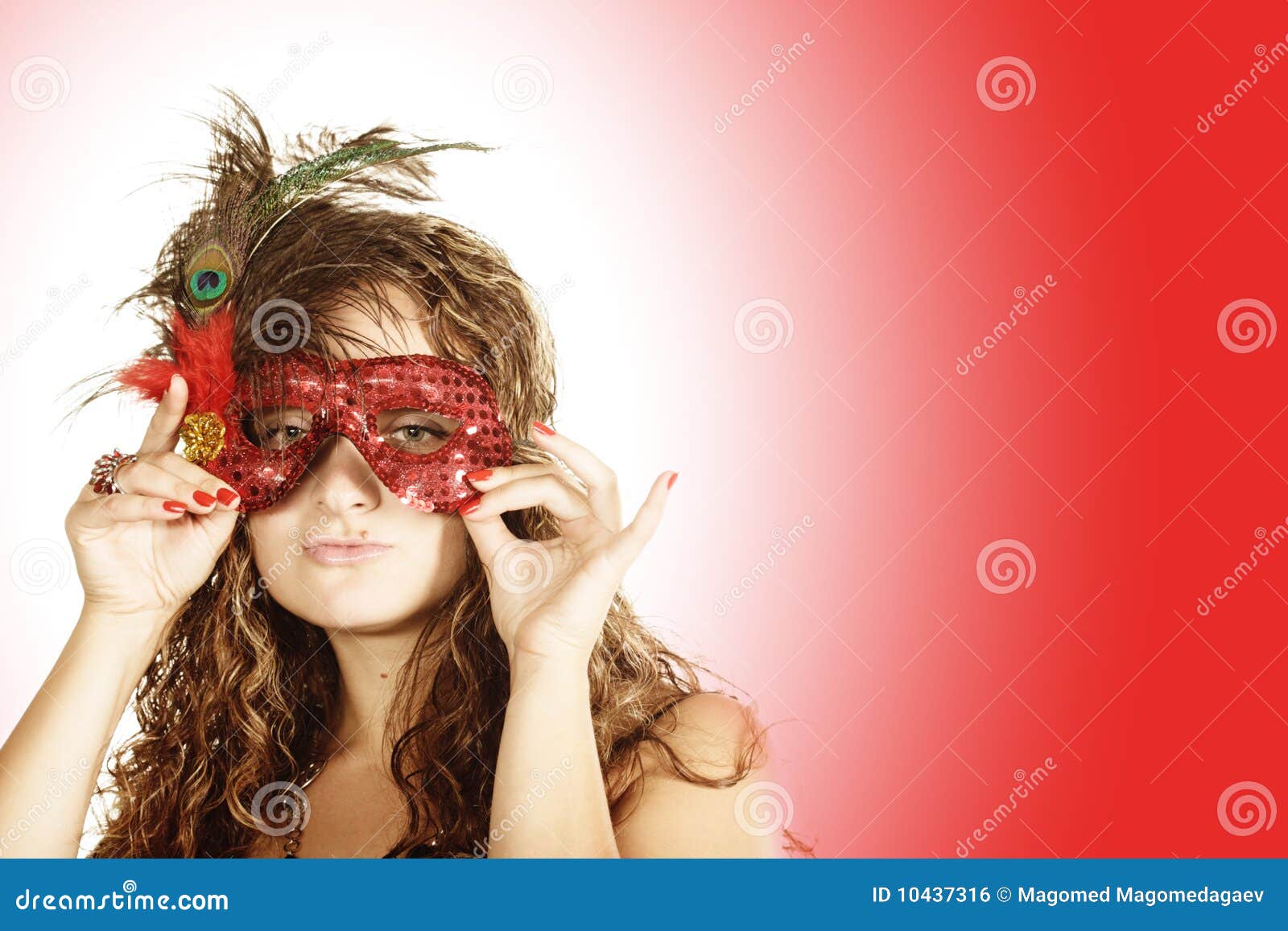 Curly woman in red mask stock photo. Image of caucasian - 10437316