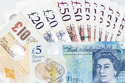 Currency Banknotes Spread Across Frame British Pound Sterling in ...