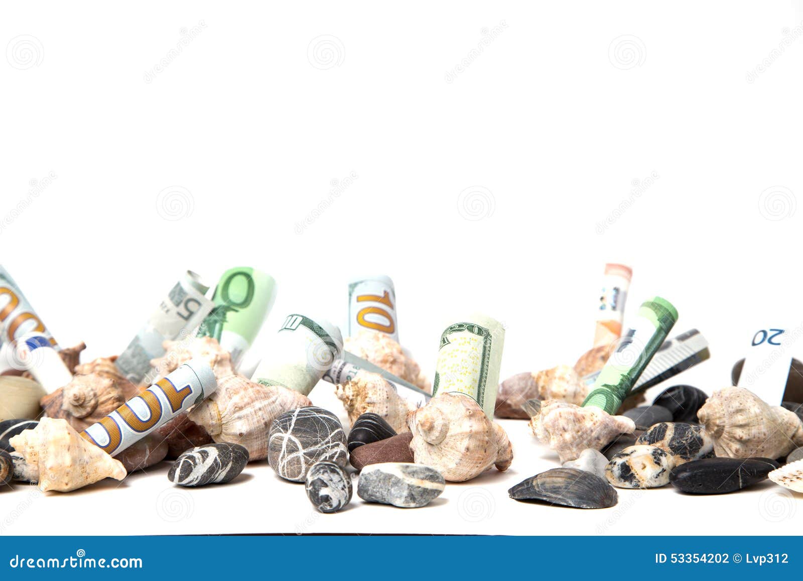 Currency Decomposed Under Seashells and Pebbles, Stock Photo - Image of ...