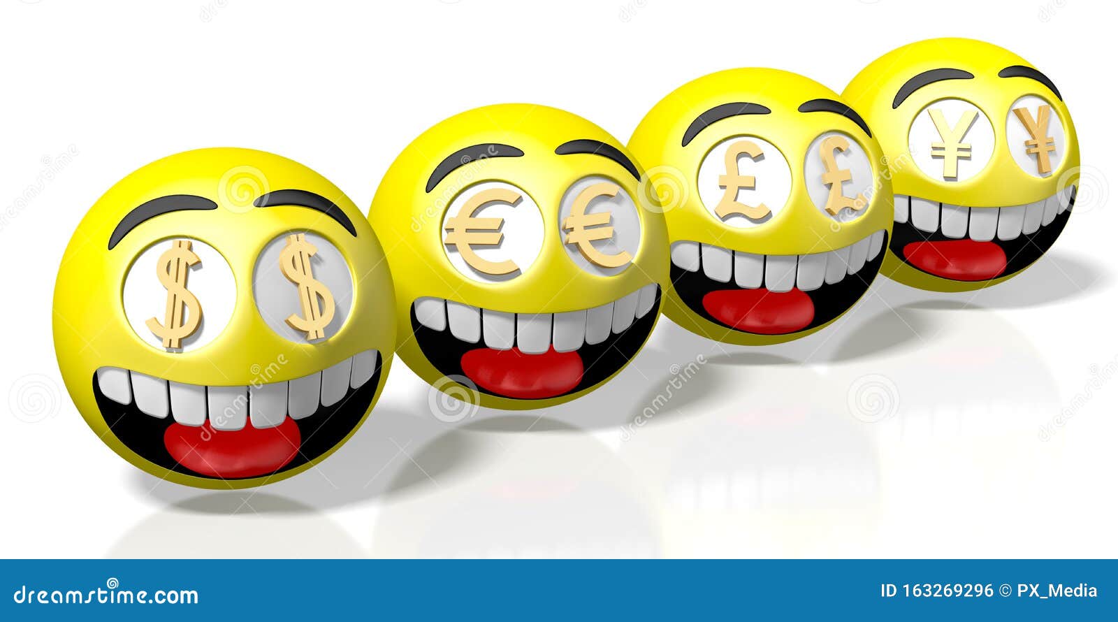 Currency Emoticons - Dollar, Euro, Pound, Yen - 3D Rendering Stock ...