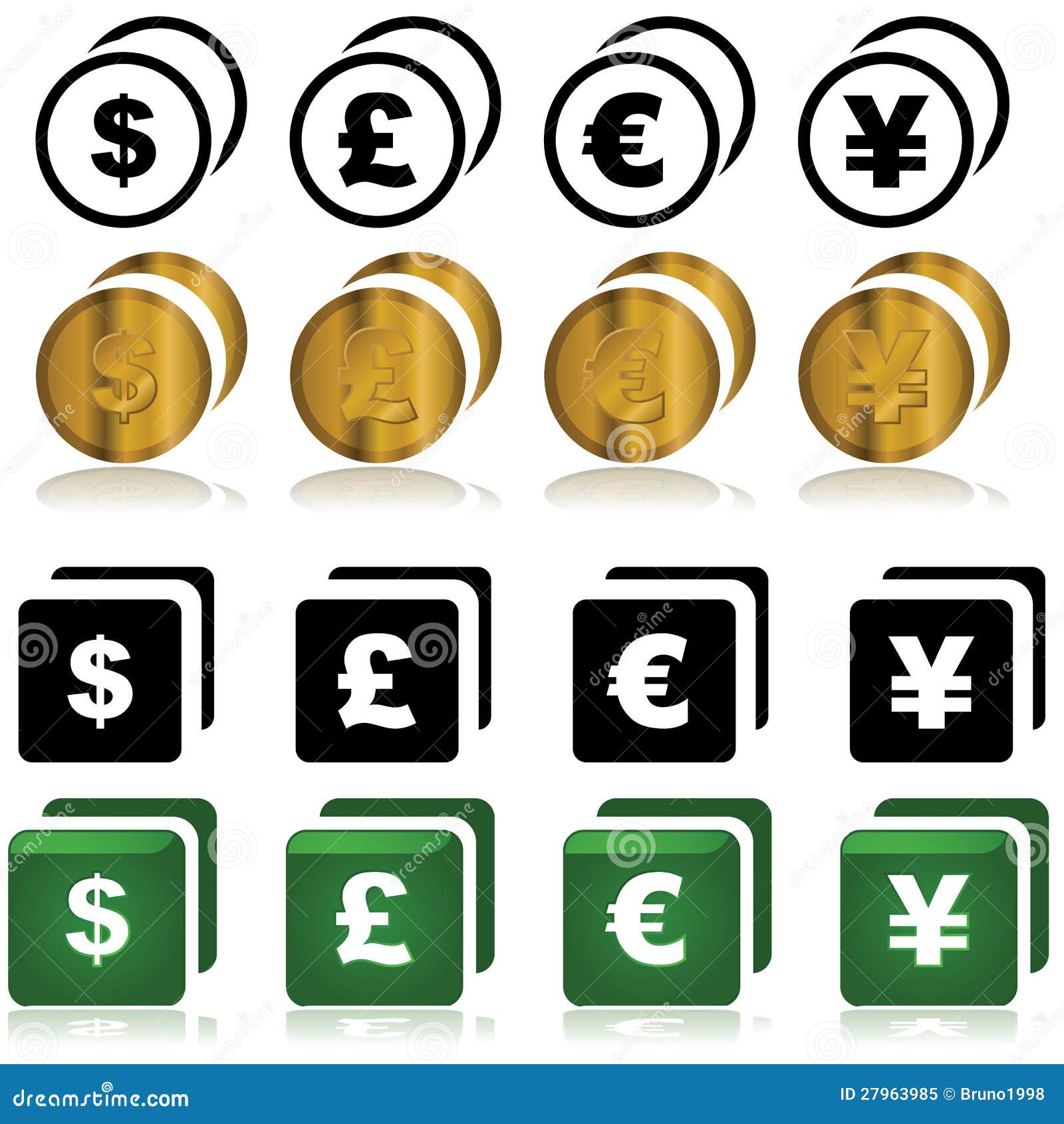 Currency icons stock vector. Illustration of reflection - 27963985