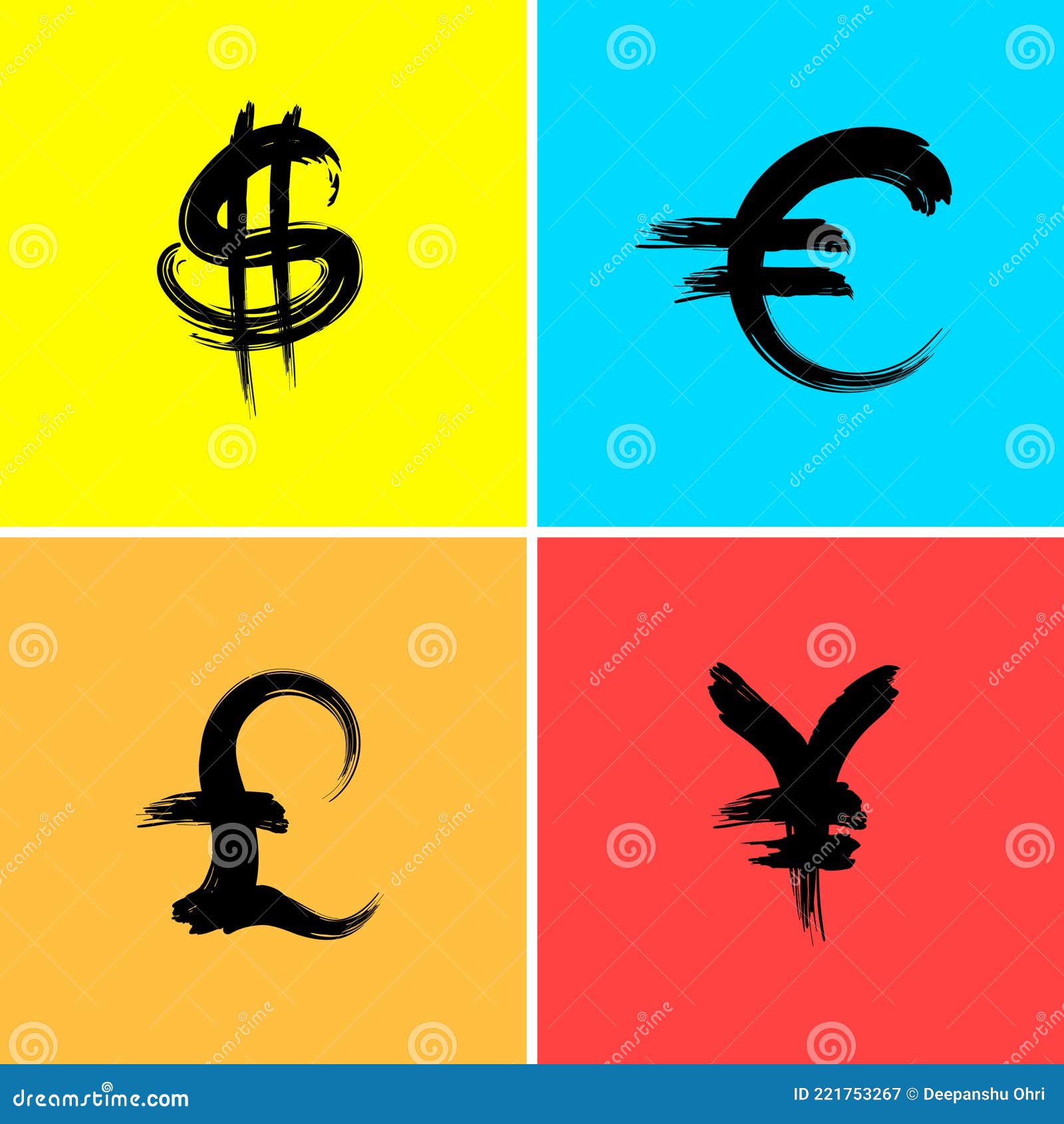 Currency Signs Symbols Icons Vector Using Neon Colors in a Brush Stroke ...