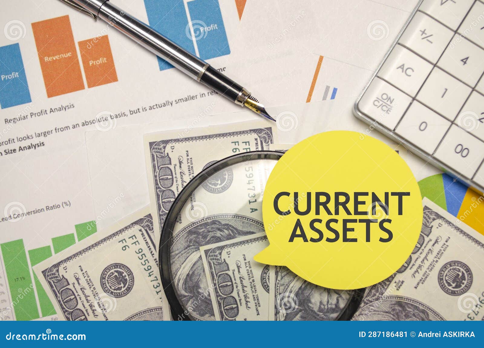 CURRENT ASSETS Words on Yellow Sticker with Dollars with Calculator and ...