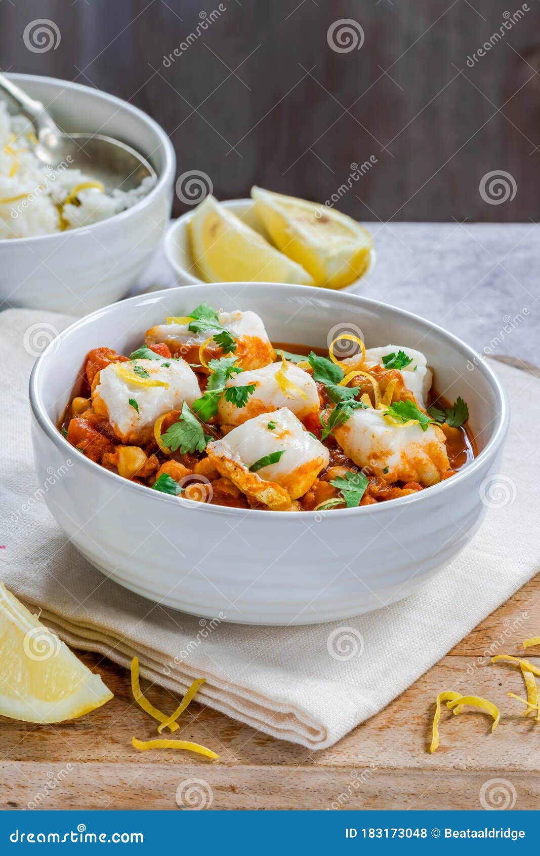Curried cod with chickpeas stock photo. Image of delicious - 183173048