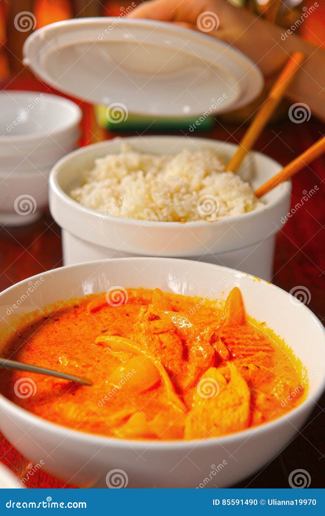Curry Chicken with Rice Served in Bowl with Sticks Stock Photo - Image ...