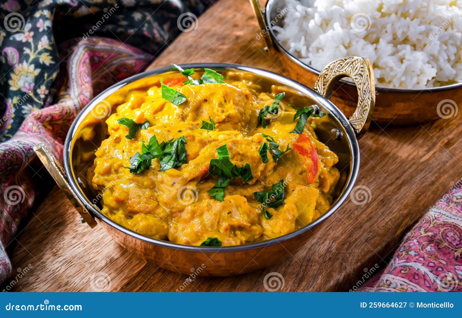 Curry Chicken with Rice Served in Original Indian Karahi Pots Stock ...