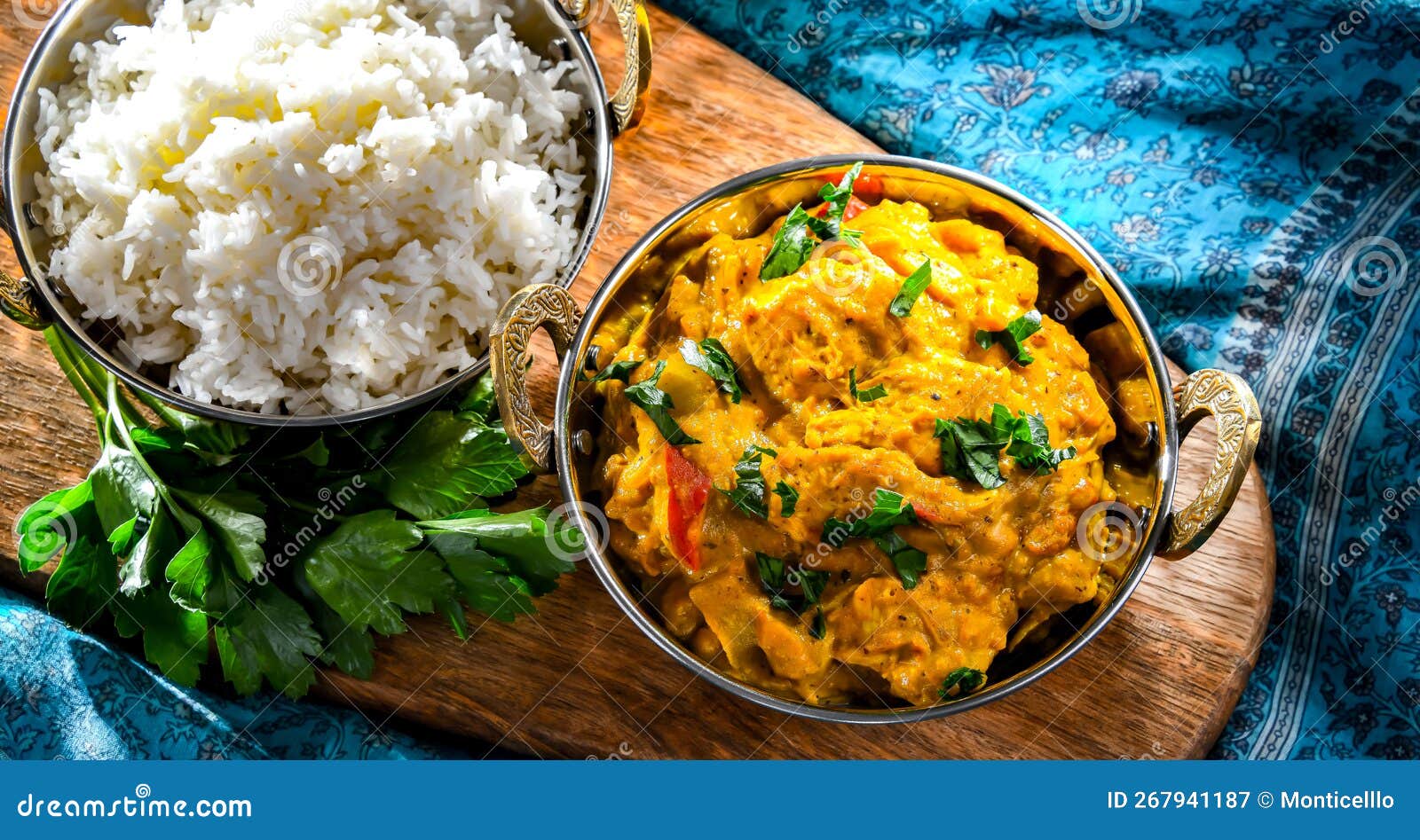 Curry Chicken with Rice Served in Original Indian Karahi Pots Stock ...