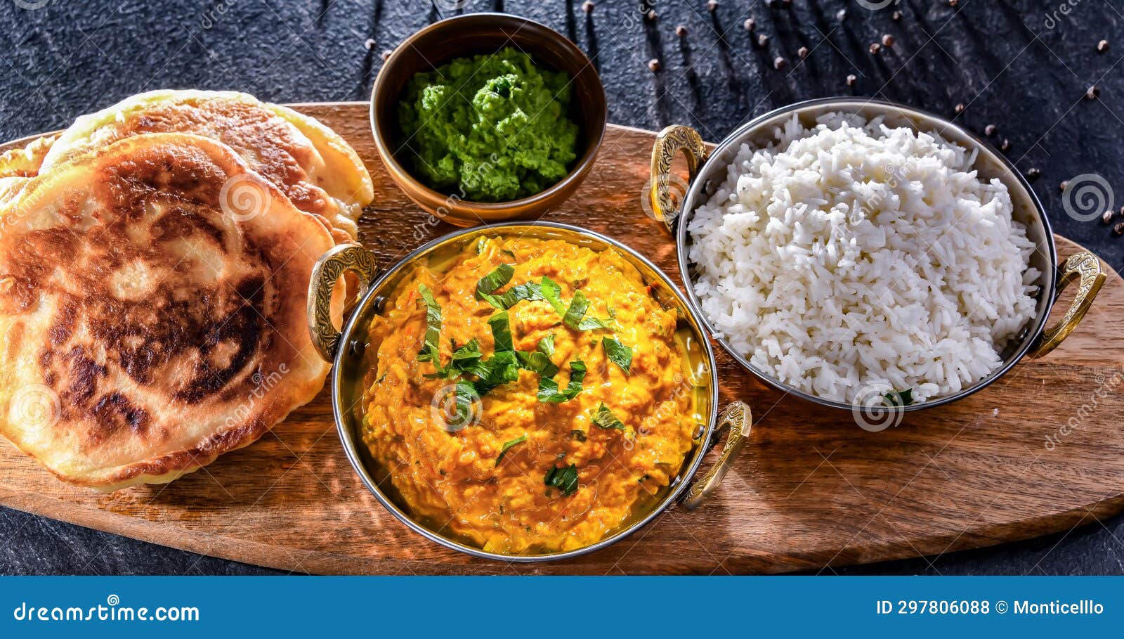 Curry Chicken with Rice Served in Original Indian Karahi Pots Stock ...