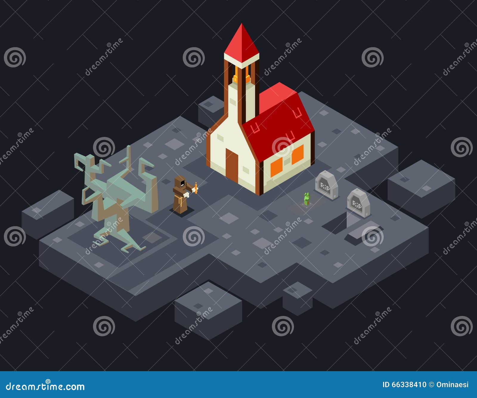 Cursed Church Ghost Monk Evil Tree Grave Flat Design Isometric 3d ...