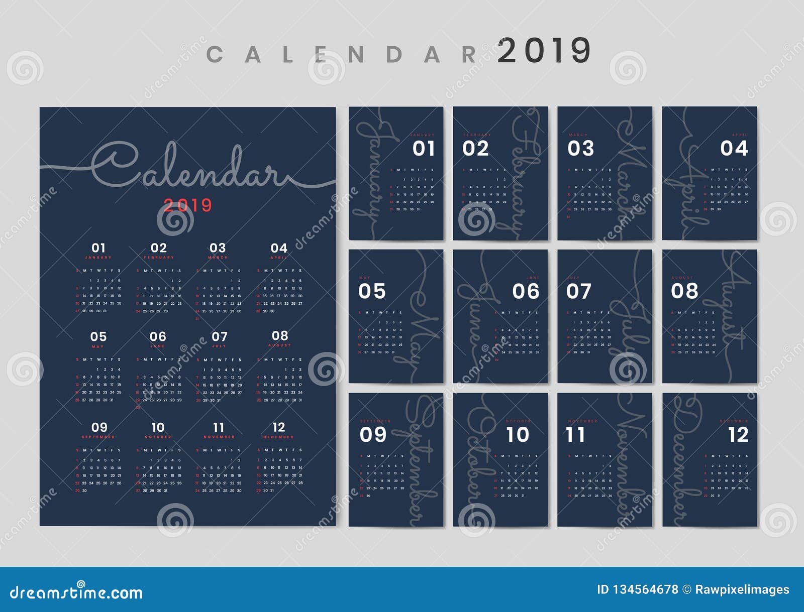 Cursive Design Calendar 2019 Mockup Stock Vector - Illustration of ...