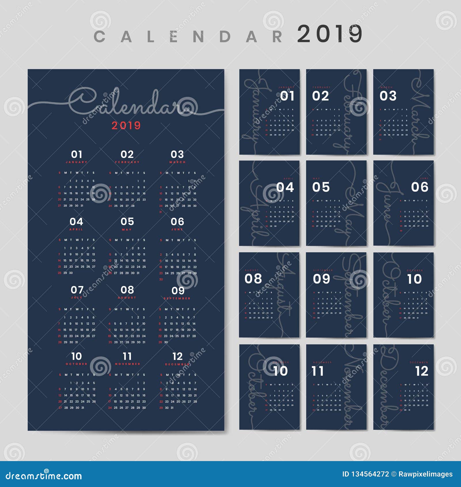 Cursive Design Calendar 2019 Mockup Stock Vector - Illustration of ...