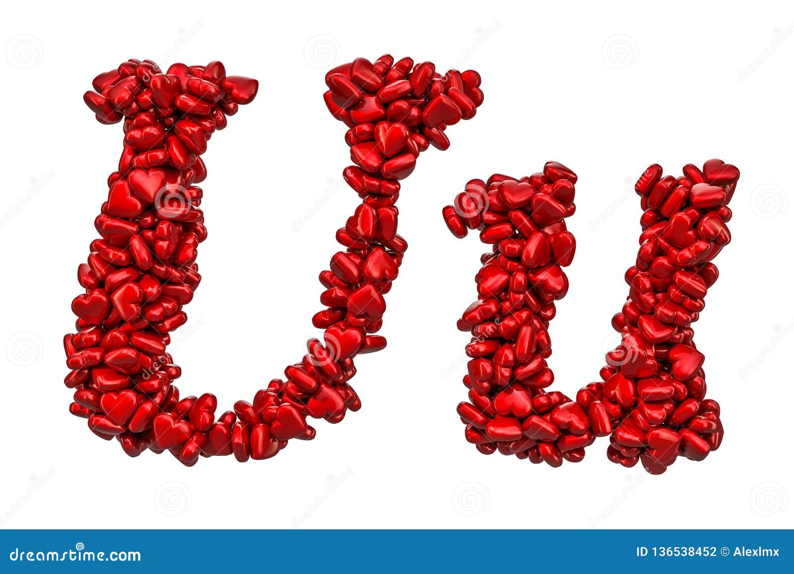 Cursive Letter U from Red Hearts, Capital and Small Letters. 3D ...