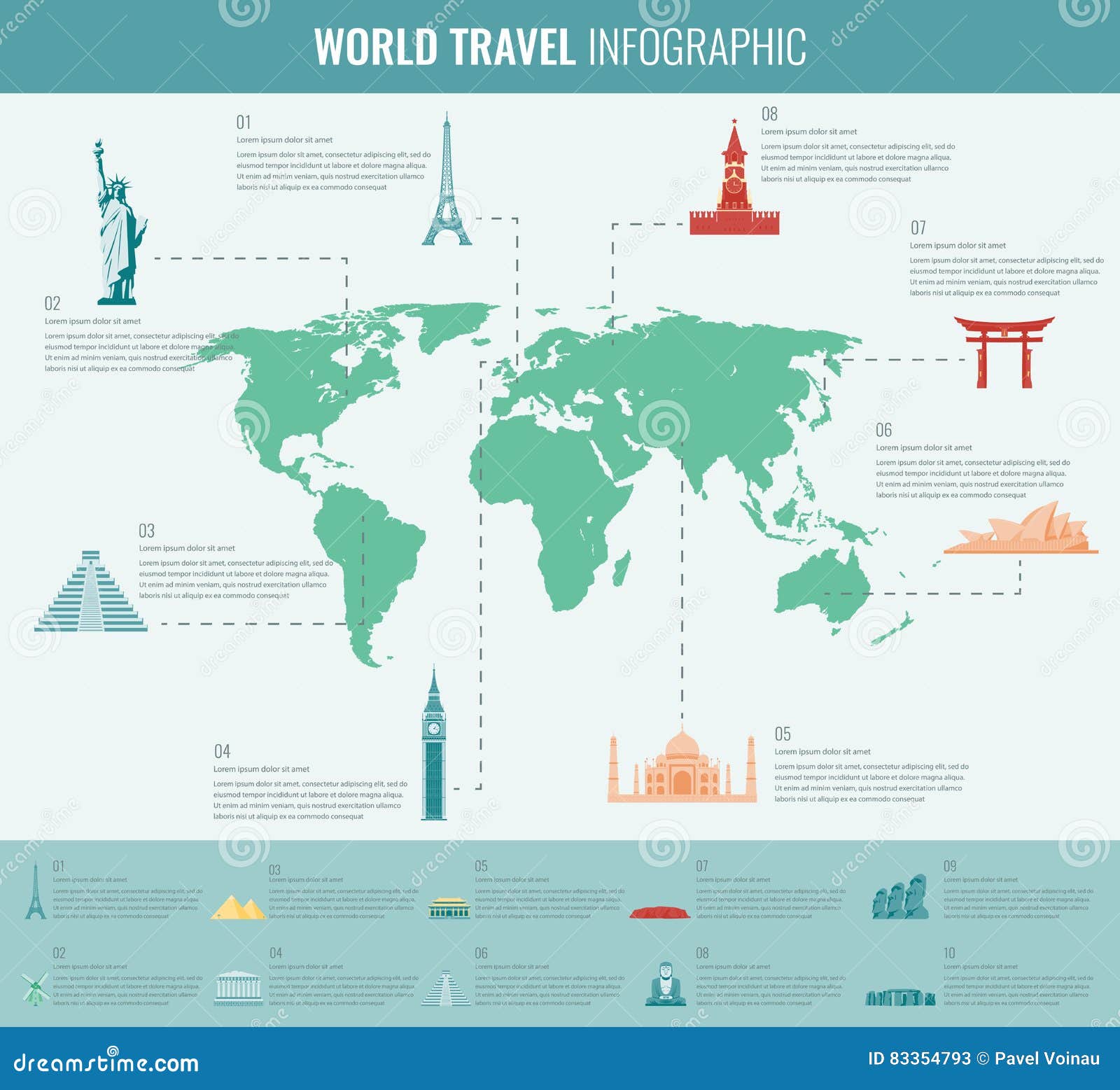 Curso E Turismo Infographic Ajustou-se Com Mapa Do Mundo E Marcos Vetor ...