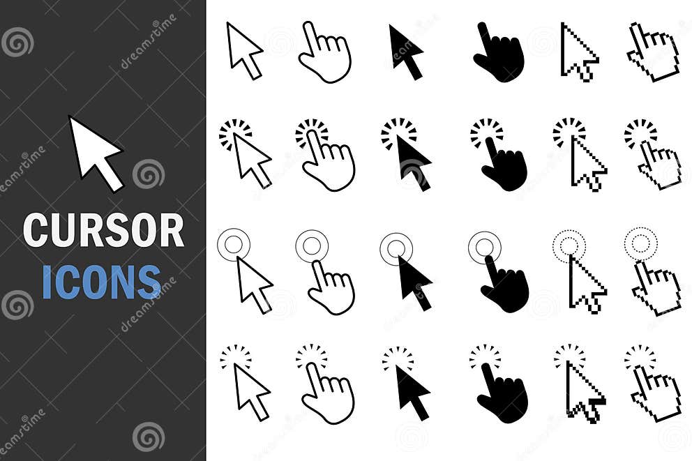 Computer Mouse Click Cursor Gray Arrow Icons Set and Loading Icons ...