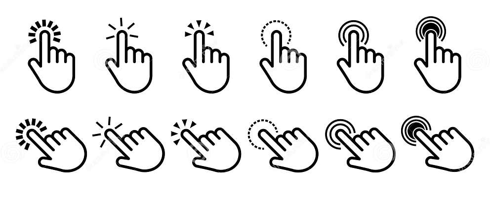 Cursor and Pointer Icon Set with Clickable Hand Arrows, Digital Buttons, and Interface Elements ...