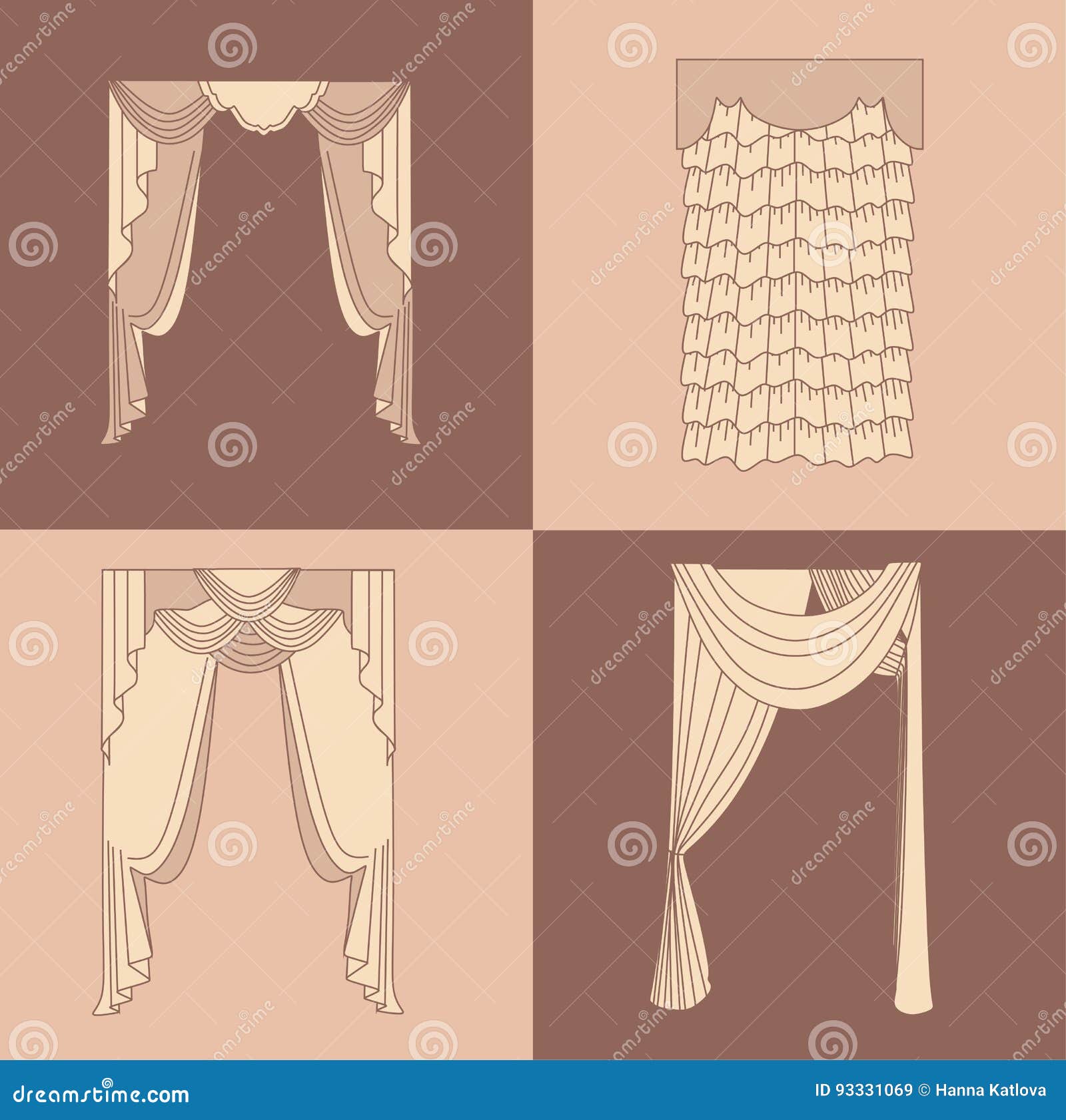 Curtains and Draperies Interior Decoration Design Ideas Realistic Icons ...