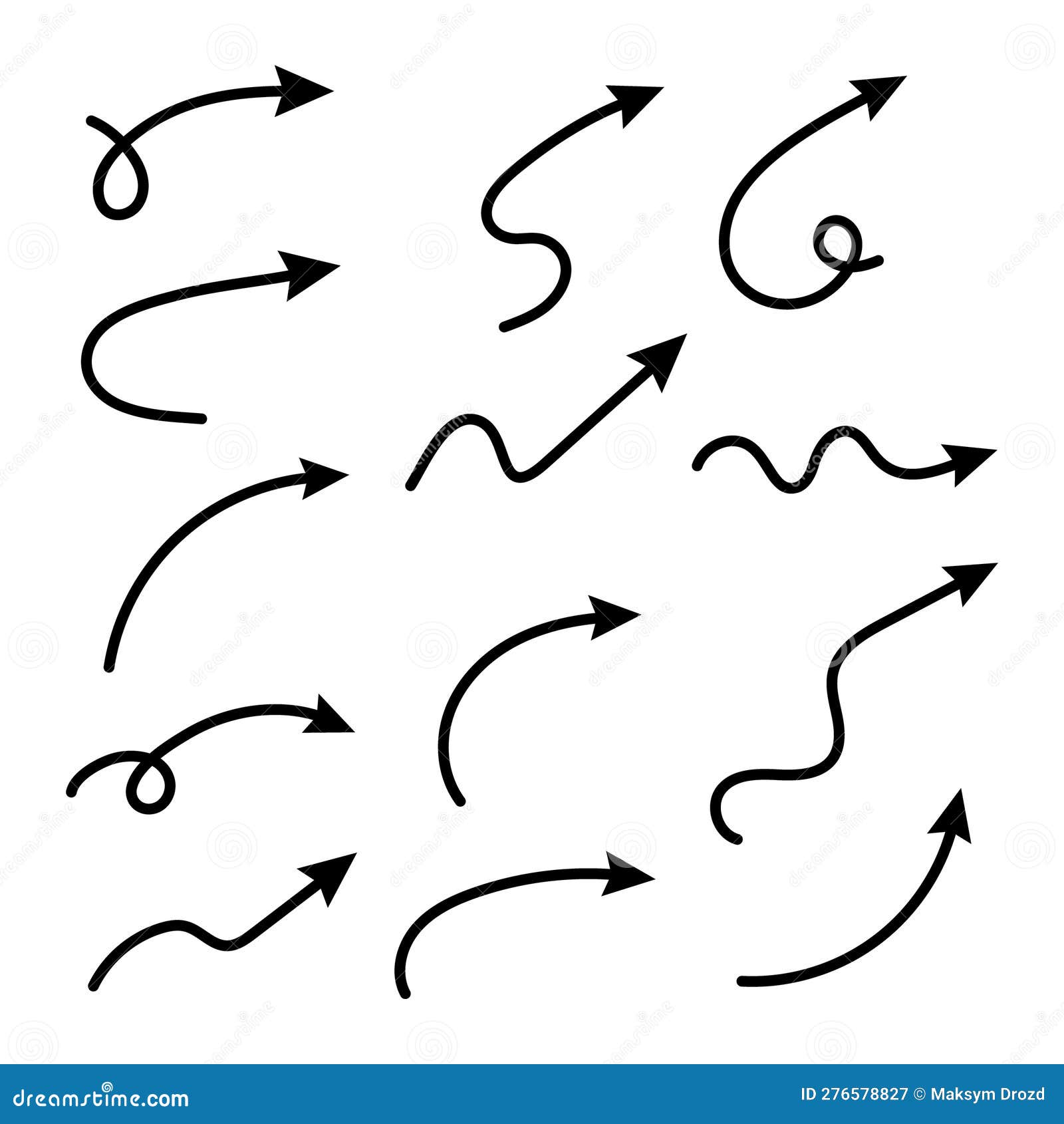 Curved Arrows. Set of Vector Hand Drawn Arrows. Collection of Pointers ...