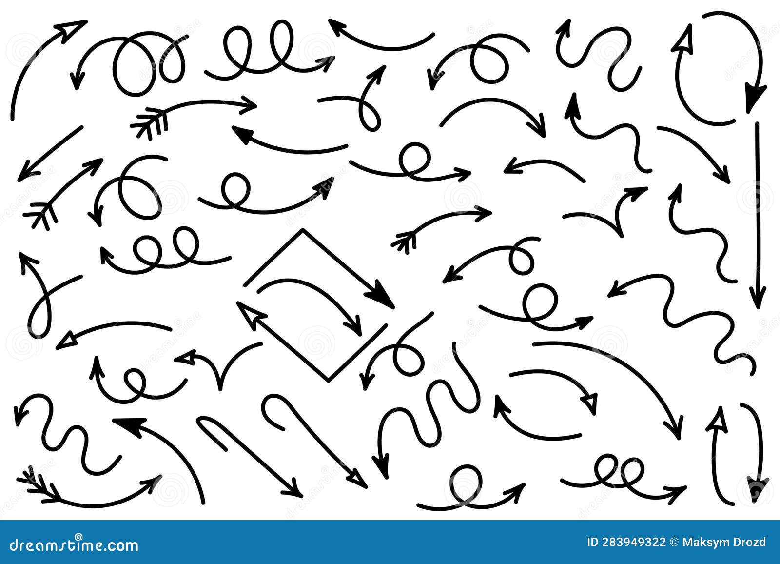 Curved Arrows. Set of Vector Hand Drawn Arrows. Collection of Pointers ...