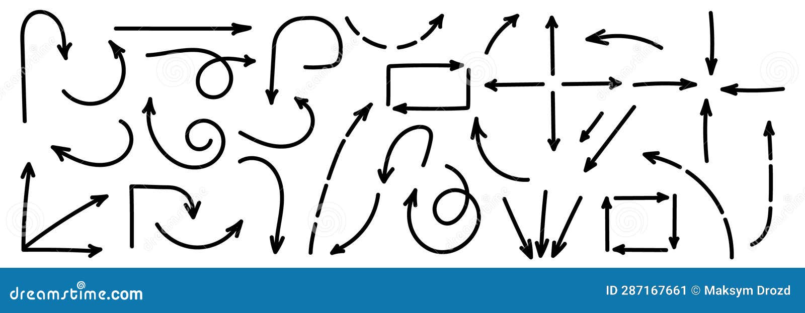 Curved Arrows. Set of Vector Hand Drawn Arrows. Collection of Pointers ...