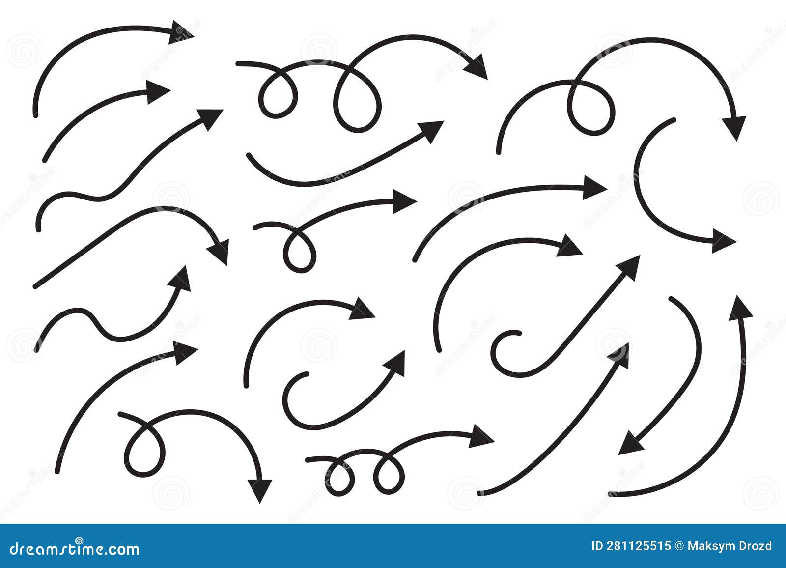 Curved Arrows. Set of Vector Hand Drawn Arrows. Collection of Pointers ...