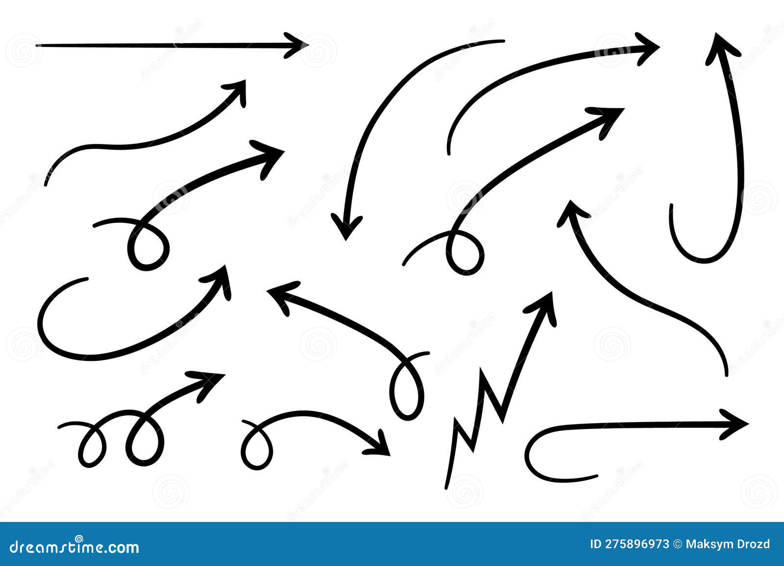 Curved Arrows. Set of Vector Hand Drawn Arrows. Collection of Pointers ...