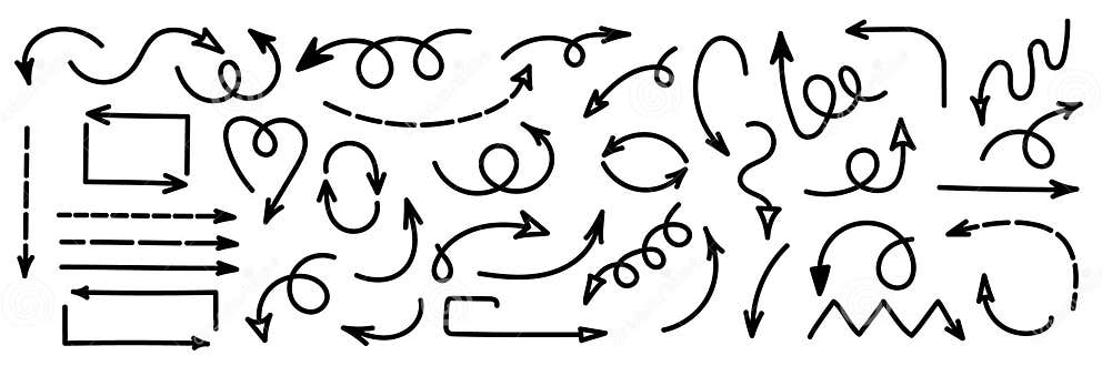 Curved Arrows. Set of Vector Hand Drawn Arrows. Collection of Pointers ...