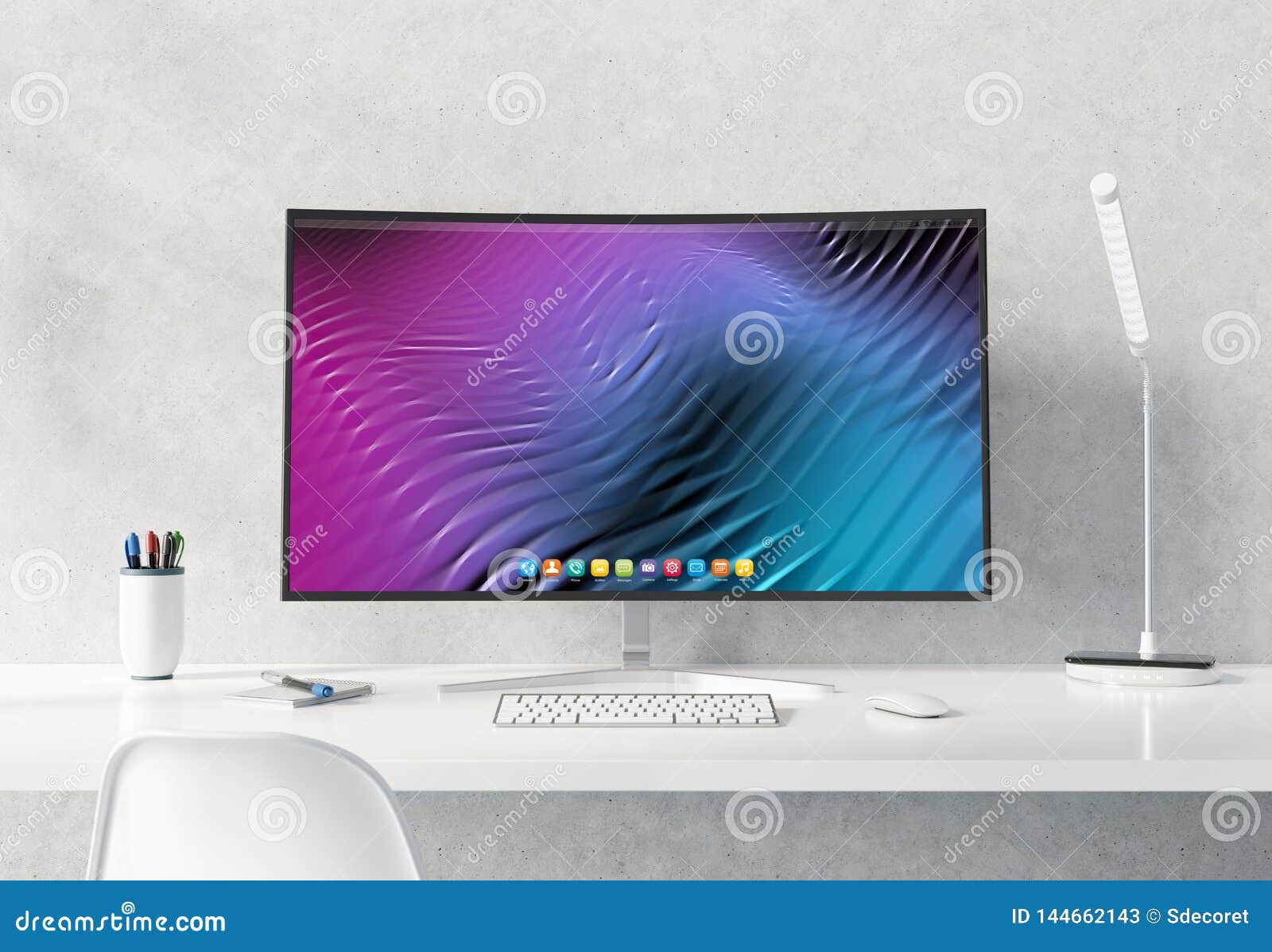 Curved Monitor on White Desktop Concrete Interior Mockup 3D Rendering ...