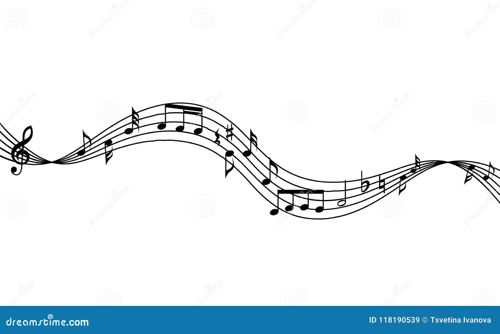 Curved Music Staff and Notes Background. Waving Musical Staff and Notes ...