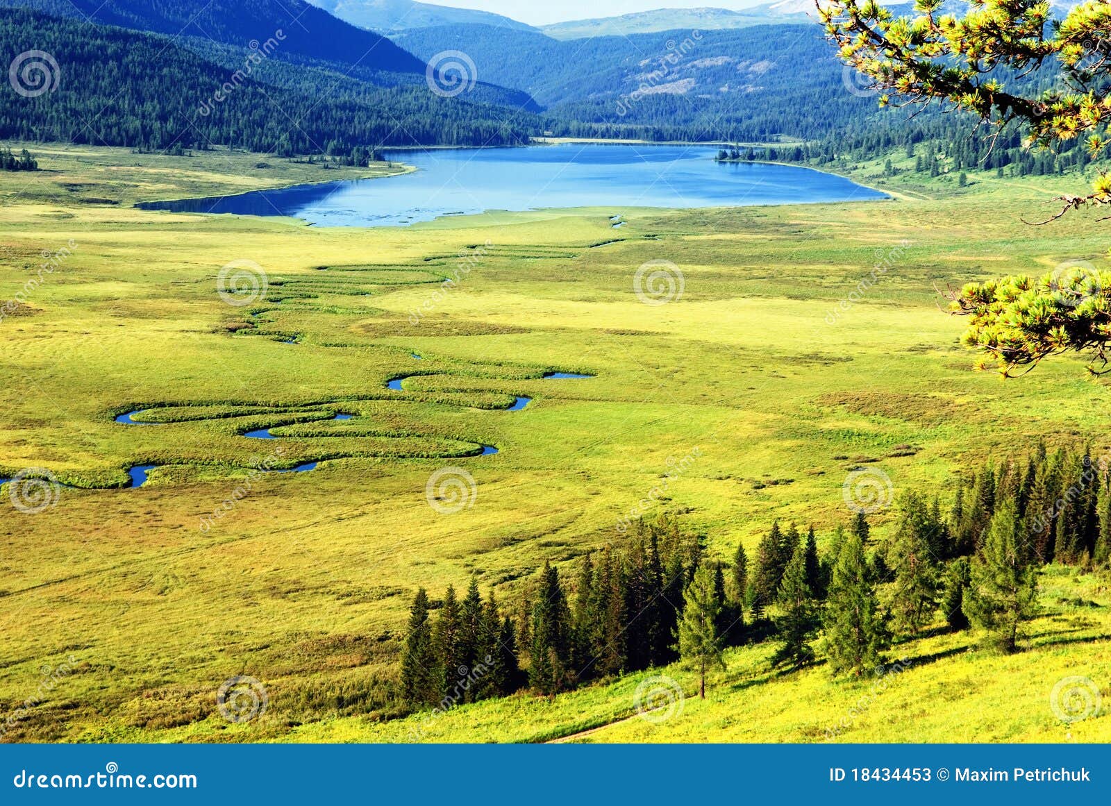 Curved River on Meadow and Mountain Lake Stock Image - Image of river ...