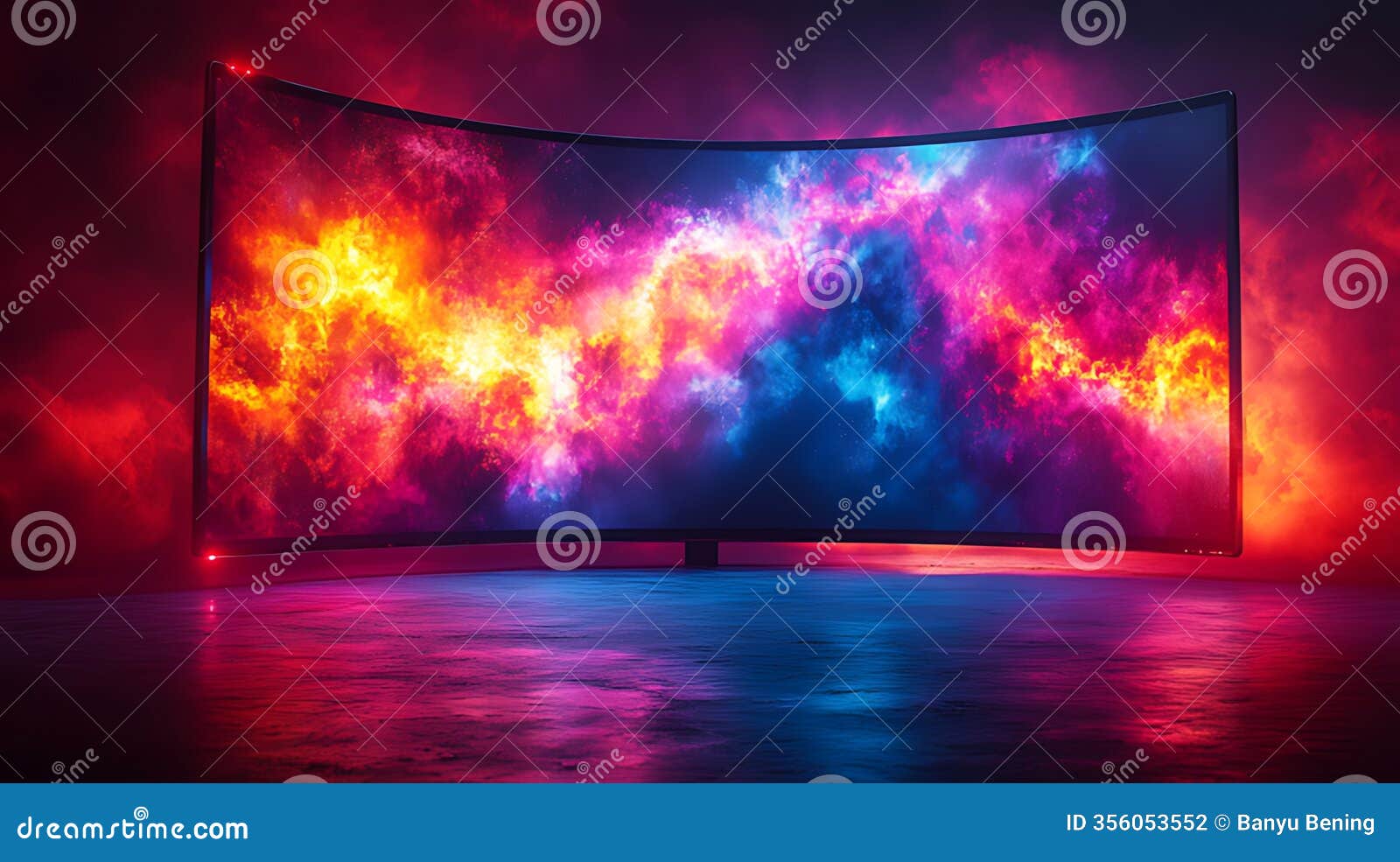 Curved Screen Displays Vibrant Nebula, Dark Studio, Gaming Ad Stock ...