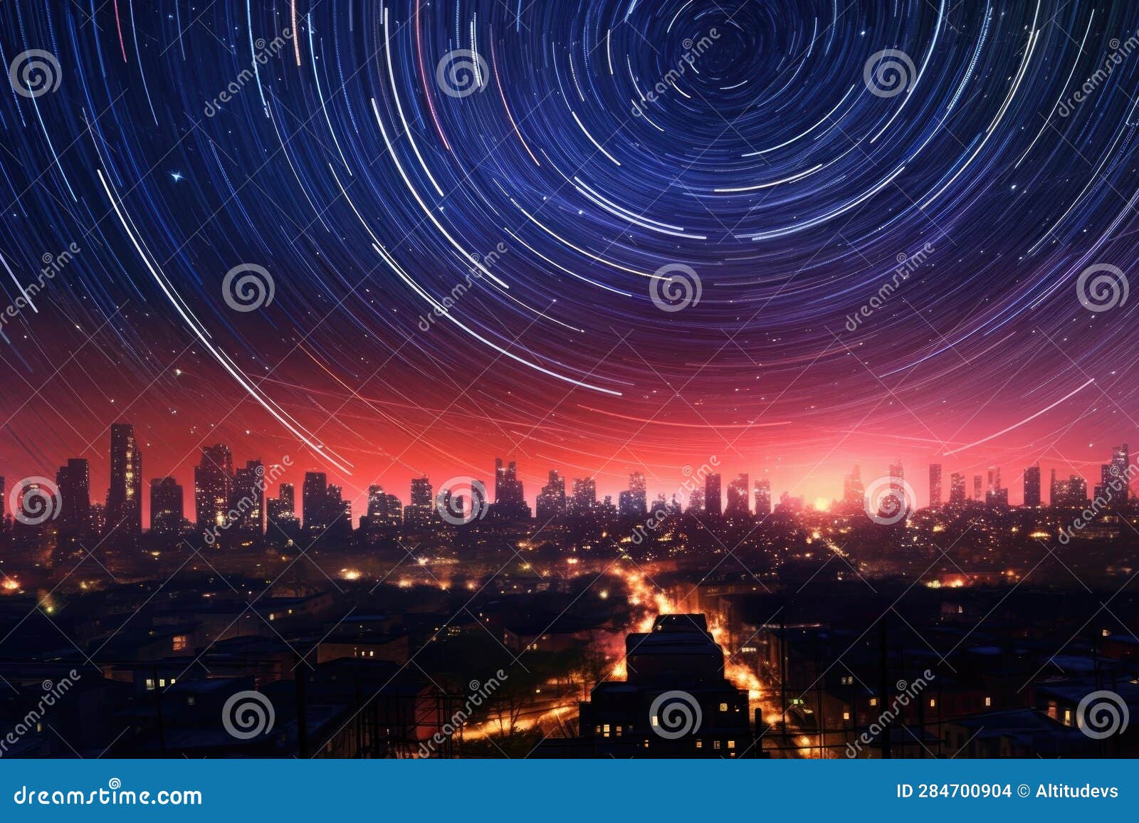 Curved Star Trails Over a City Skyline at Night Stock Photo - Image of ...