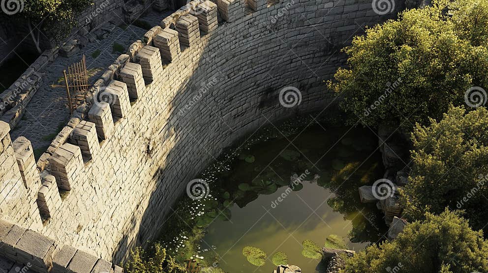 Curved Stone Fortification Wall with Rectangular Battlements, Partially ...