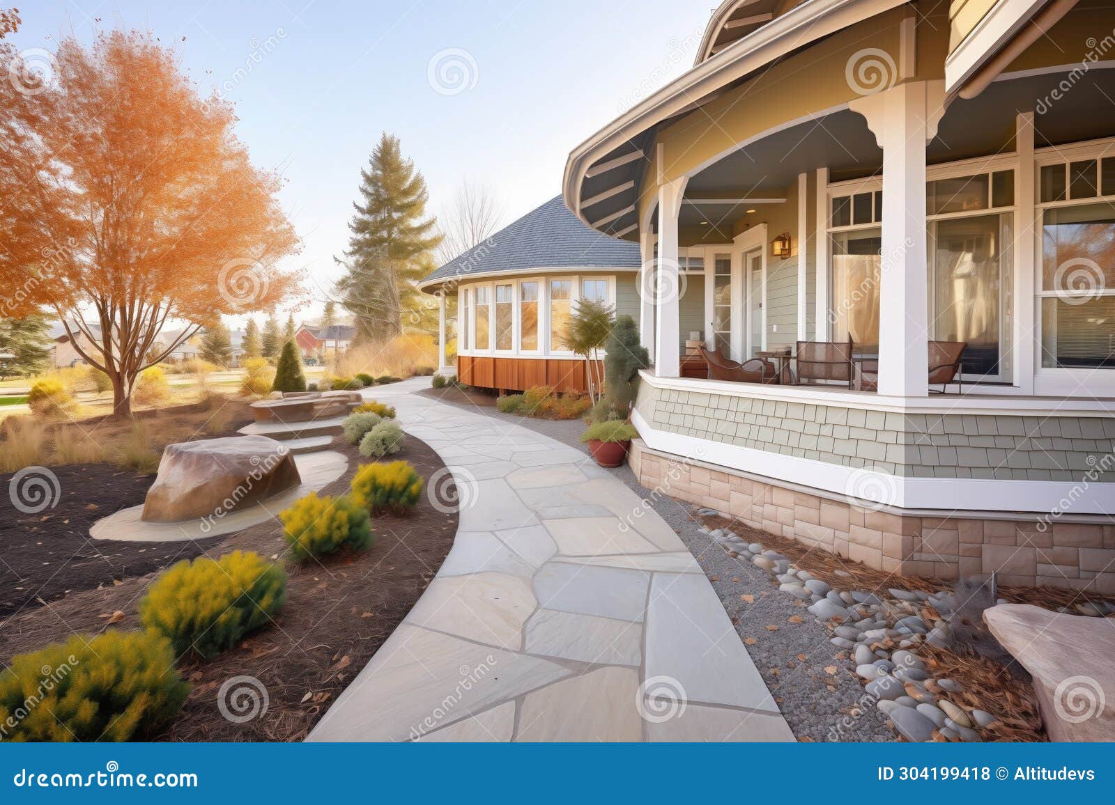 Curved Stone Path Leading To Shingle Covered Porch Stock Photo - Image ...